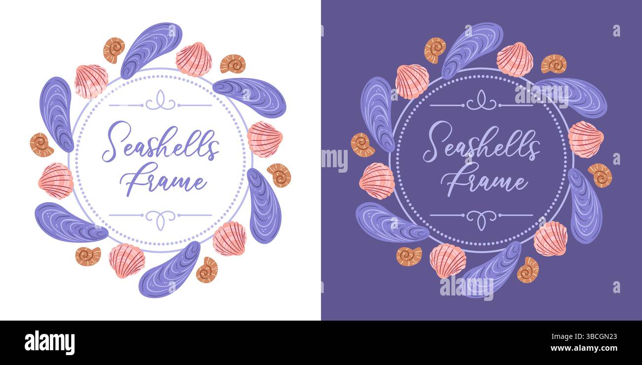 A beautifully crafted vector illustration featuring round frames made from seashells and sea ...