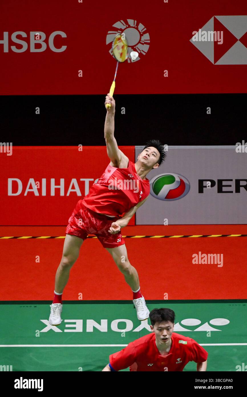 Kuala Lumpur, Malaysia. 20th May, 2025. Chen Boyang/Liu Yi (top) compete during the men's ...