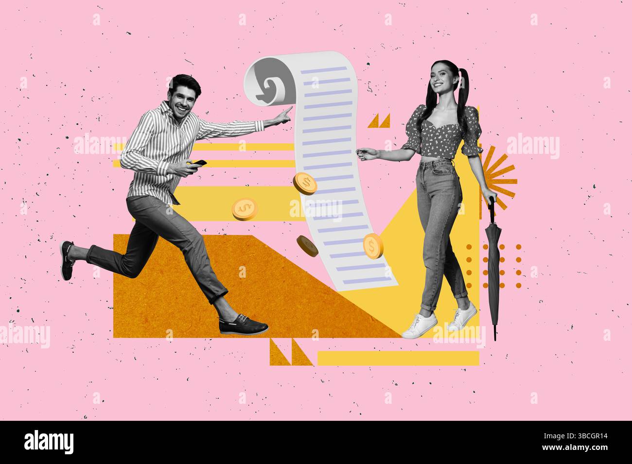 Creative pop collage of people stand point on pink background with ...