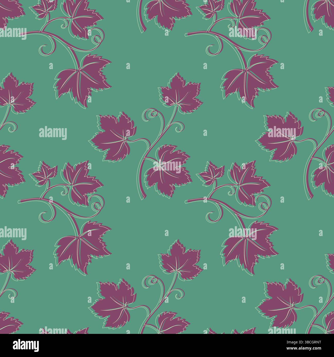 Grape vine with leaves pattern, burgundy vine silhouette on turquoise ...