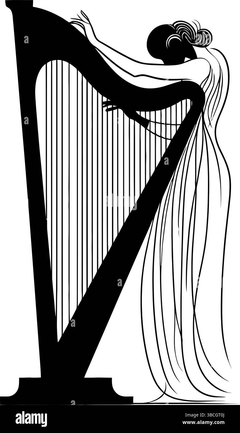 Elegant Woman Playing a Stylized Harp. Art Deco-inspired illustration ...