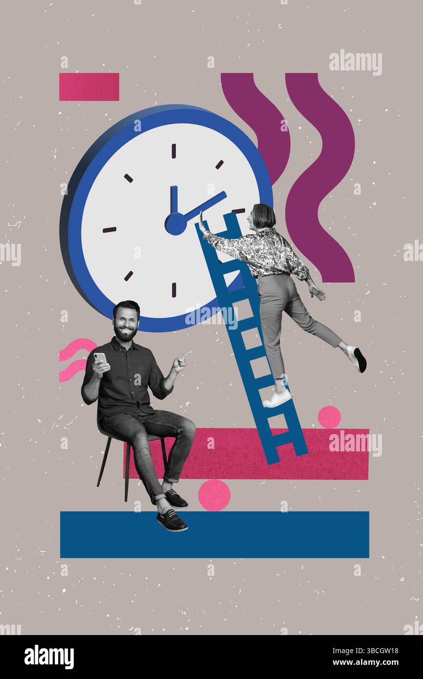 Poster pop collage of people stand ladder climb clock on grey ...
