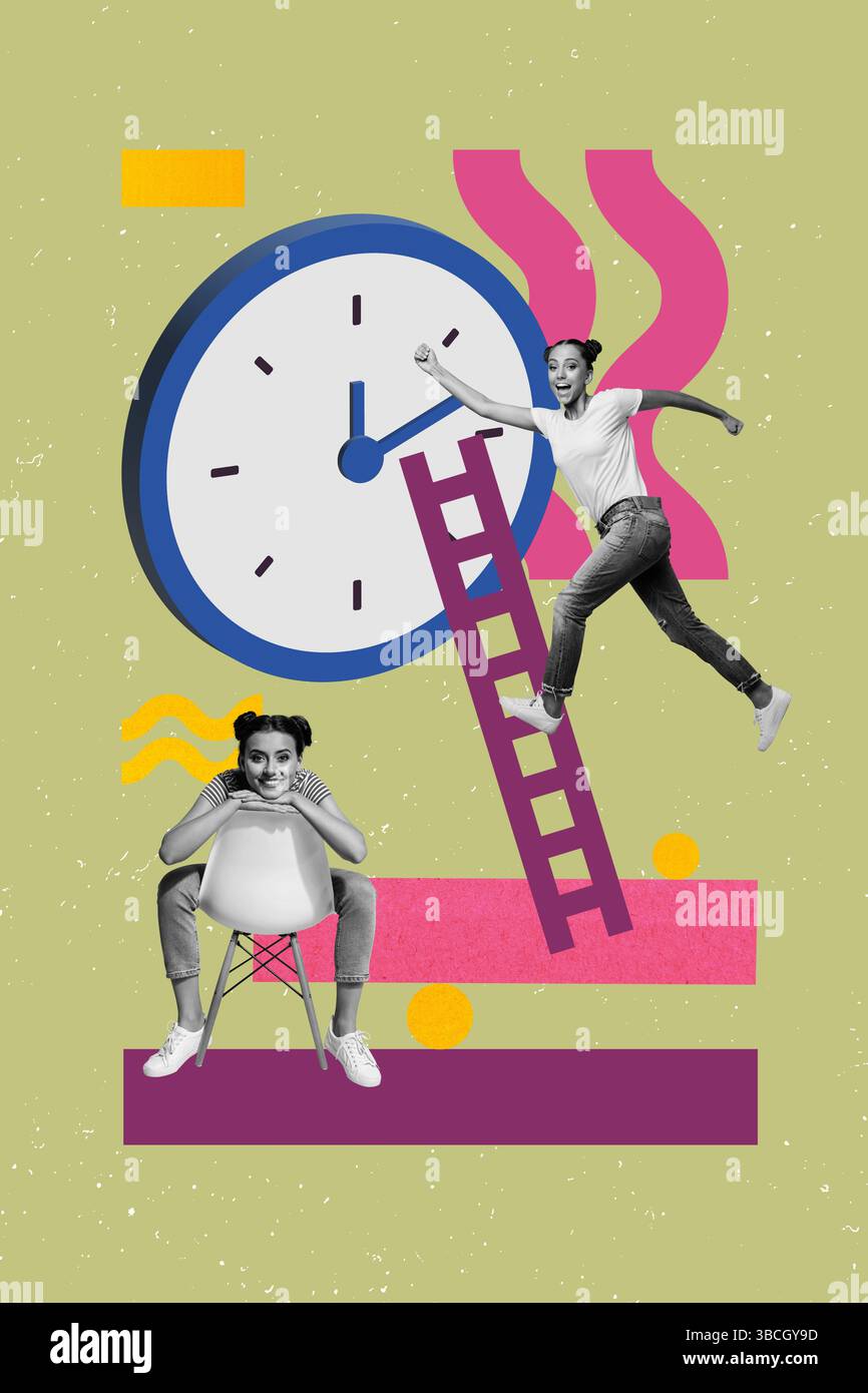 Poster pop collage of people stand rush ladder climb clock on green ...