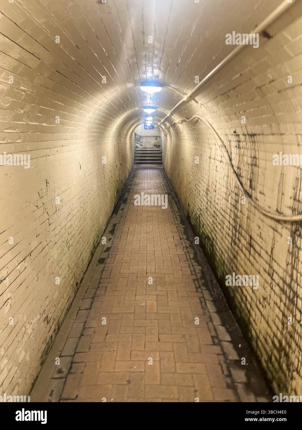 A long, narrow tunnel with a brick floor and a white wall. The tunnel ...