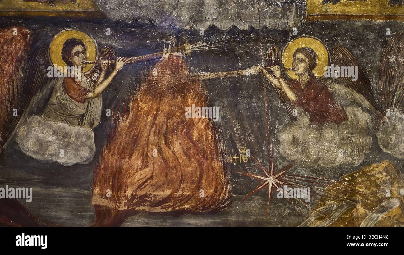 Angels blowing trumpets, clouds flanking fire in apocalyptic fresco ...