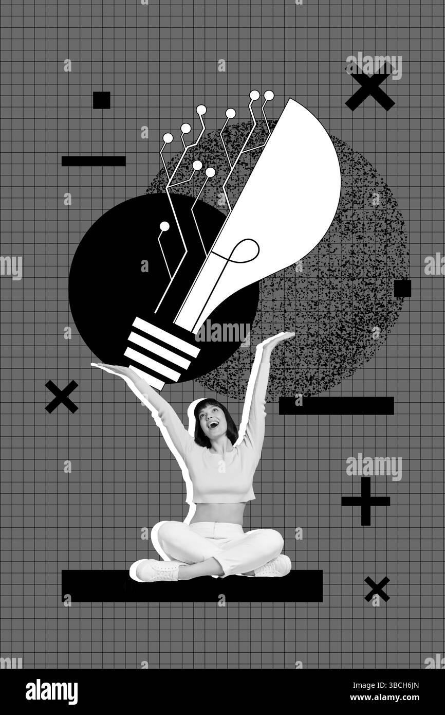 Creative drawing collage picture of happy girl guy stand light bulb ...