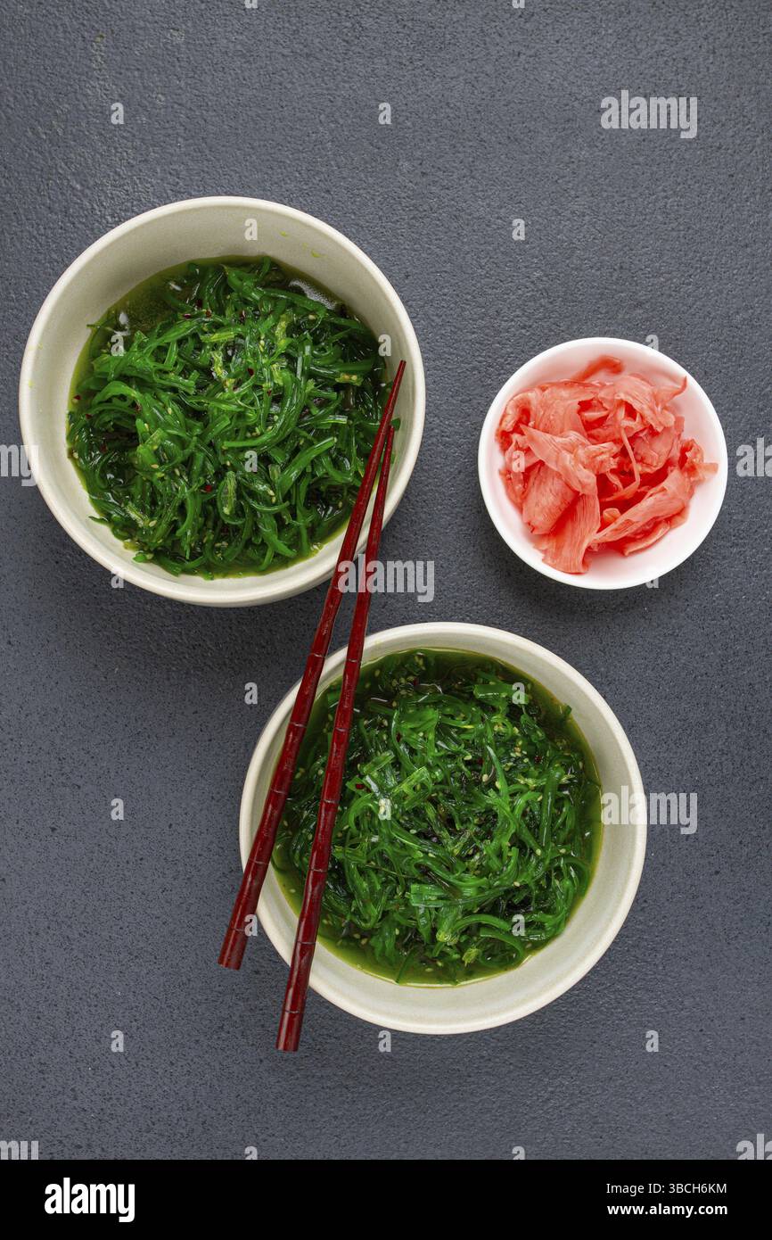 Chuka salad made from fresh seaweed, with sesame dressing, two bowls ...