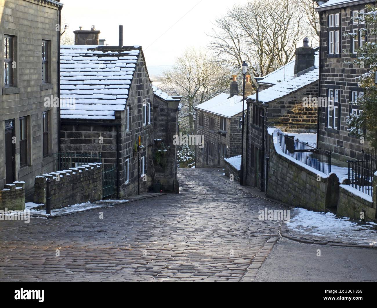 The historic yorkshire village of heptonstall in winter with snow ...