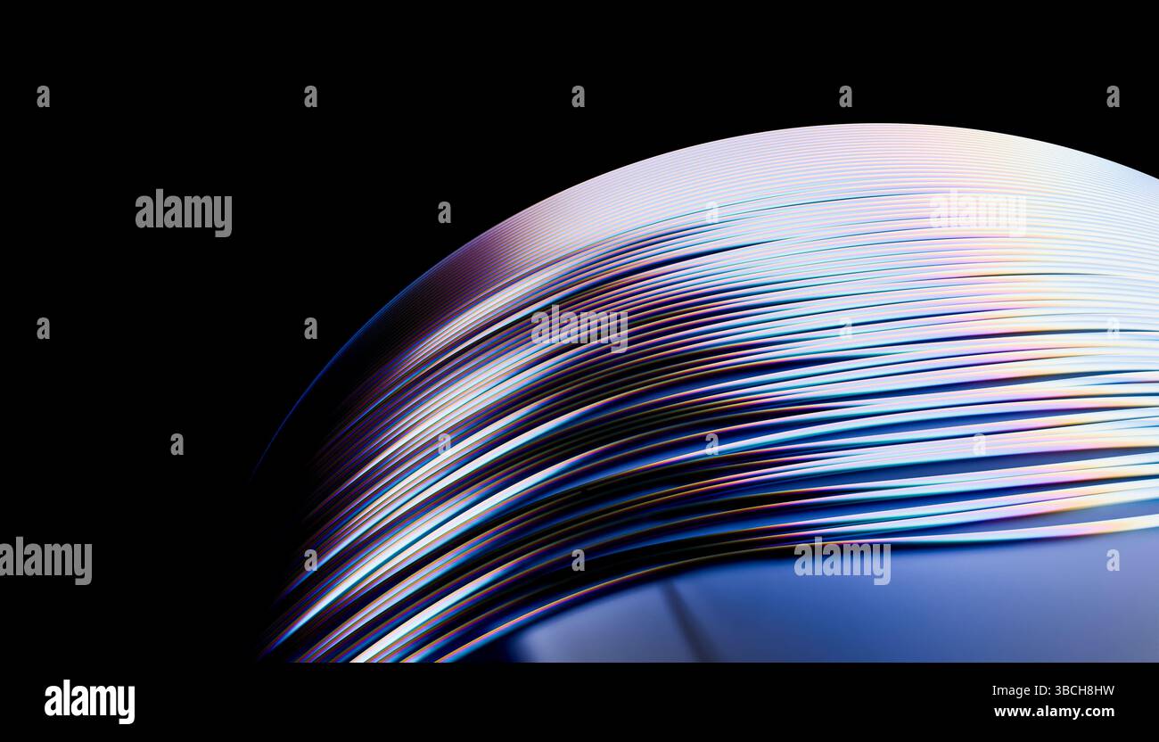 Abstract close-up of curved, colorful lines on a black background with ...