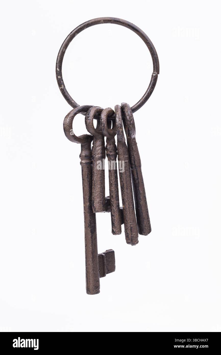 The photo shows an old, rusty bunch of keys against a white background ...