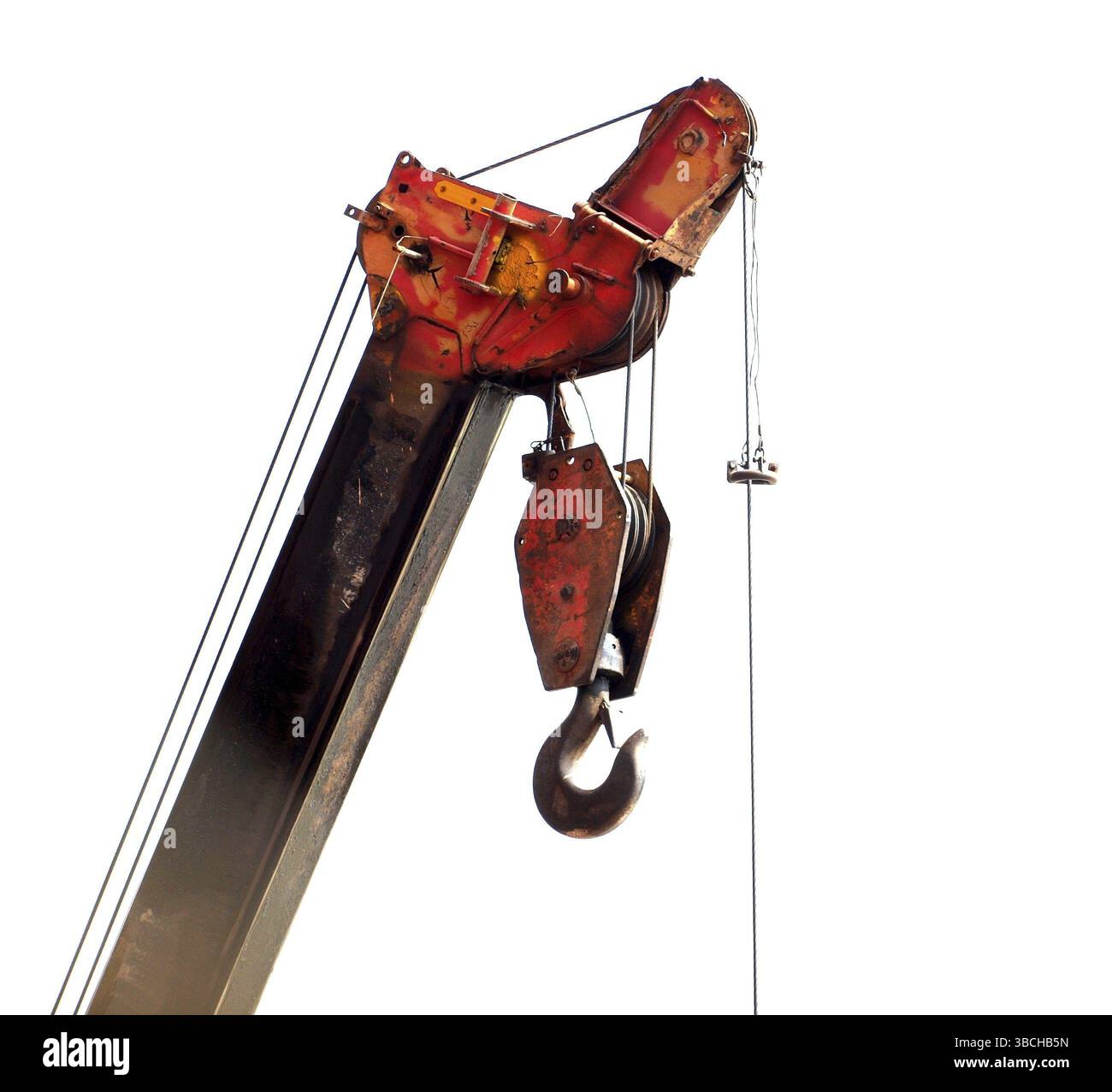 The top end of an extended crane with cable and hook Stock Photo - Alamy