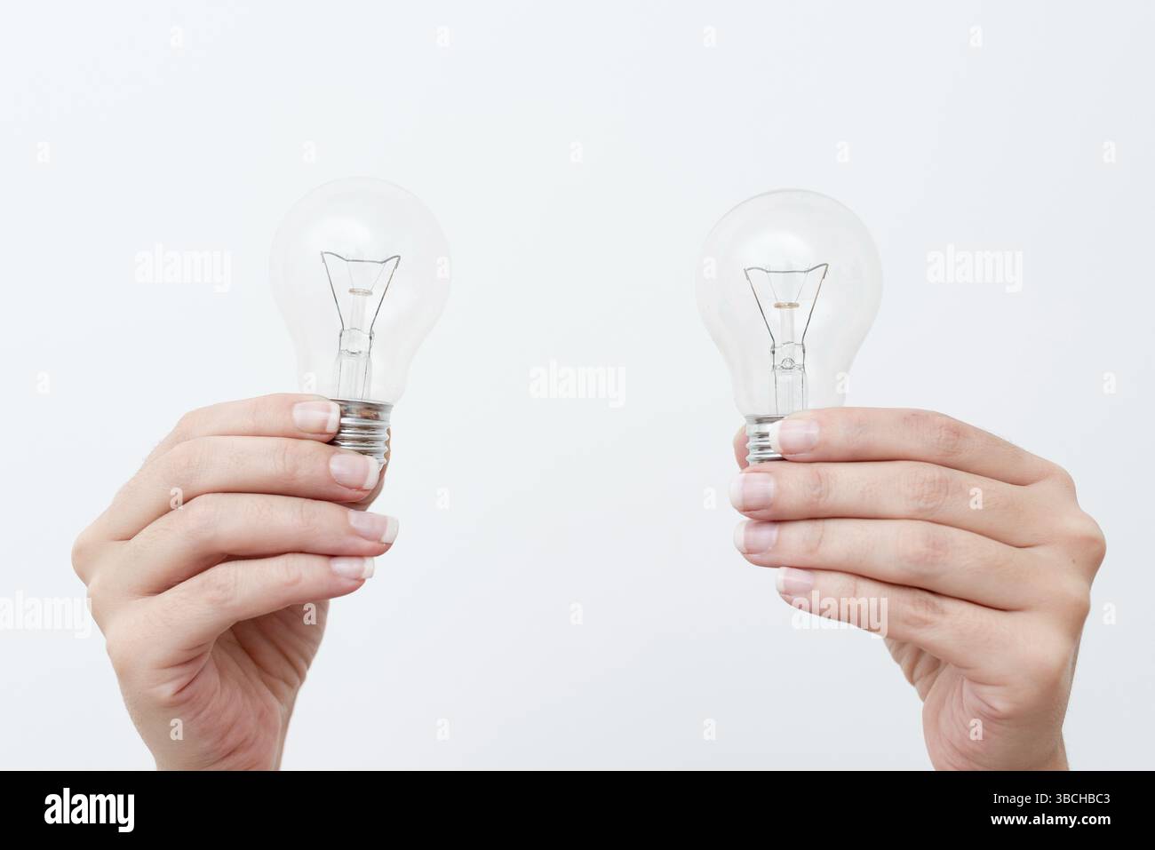 Woman Hands Holding Lamp Presenting Ideas For Project, Man Palm Showing ...