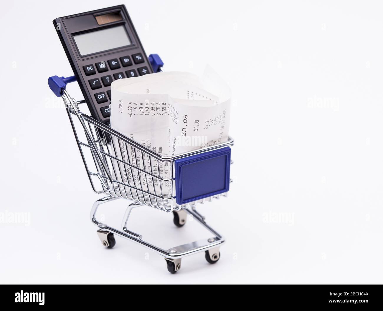 Shopping till receipt, calculator and cart concept for grocery expenses ...