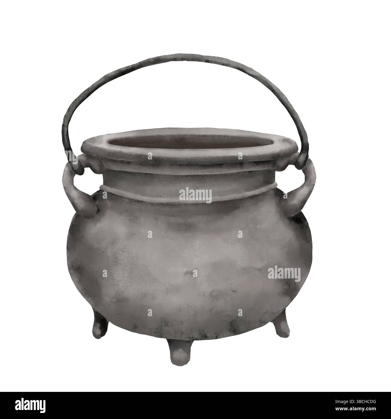 An empty witch's cauldron. Watercolor illustration. Dark round cast ...
