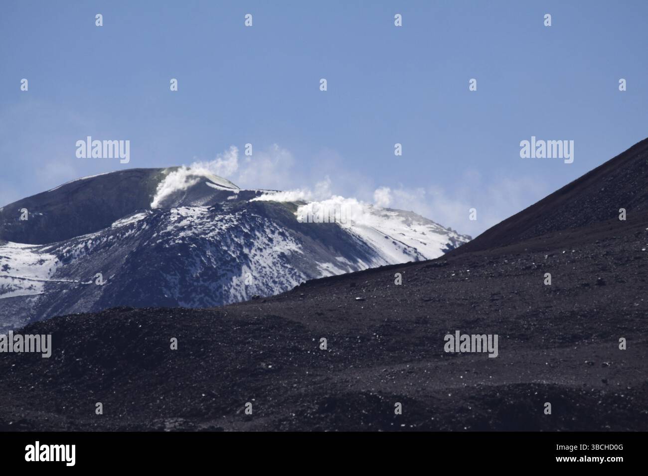 Summit of active volcano covered with smoke and snow Stock Photo - Alamy