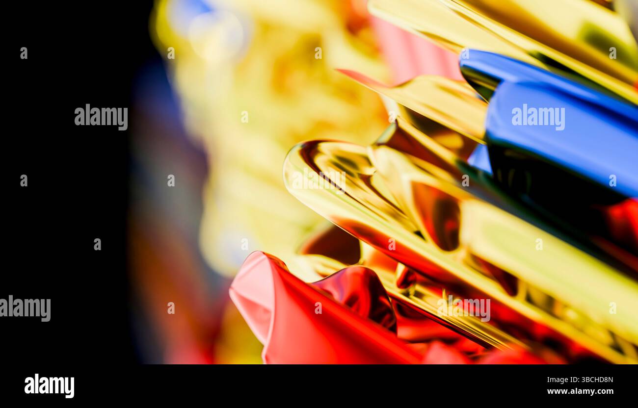Shiny abstract metallic surfaces blend red, blue, and gold colors in a ...