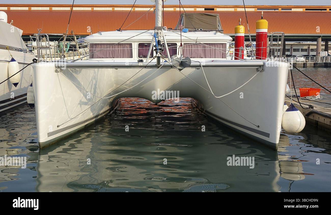 A large catamaran yacht with a double hull is anchored at a marina ...