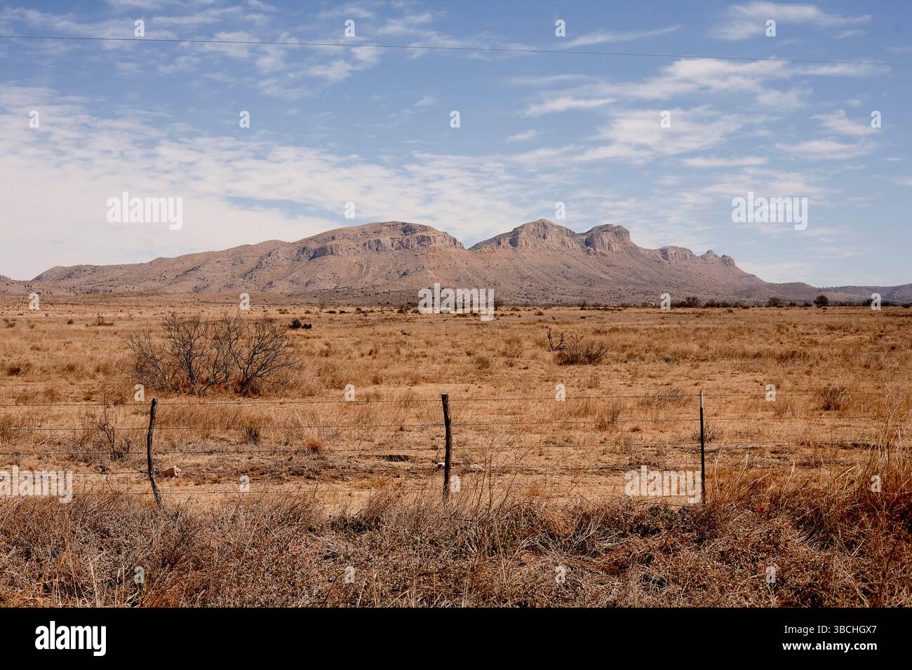 Arid desert landscape with mountains under a clear, blue sky and sparse ...