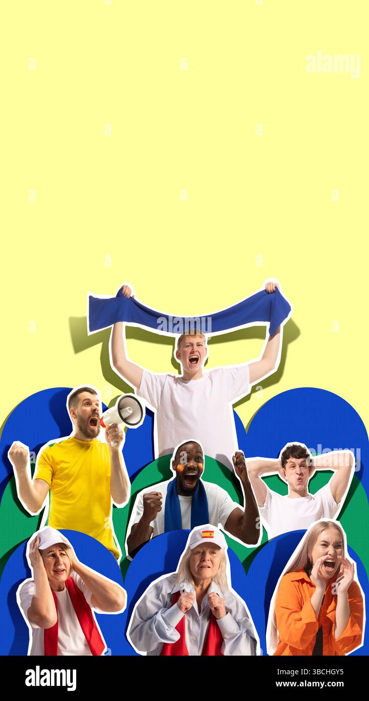 Group of sports fans cheering passionately in blue yellow setting with ...