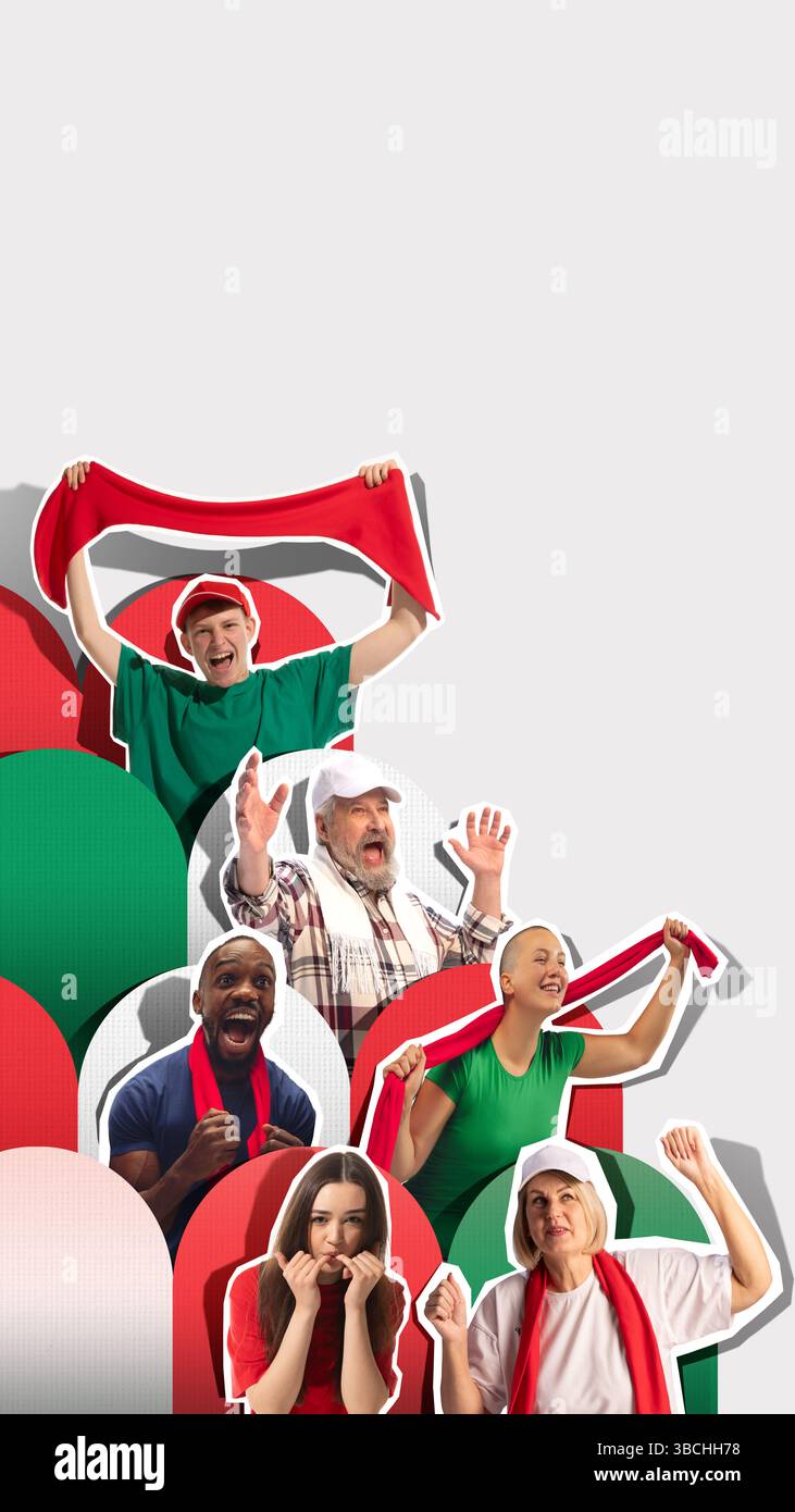 Fans in green and red clothes celebrating game moment with loud cheers ...