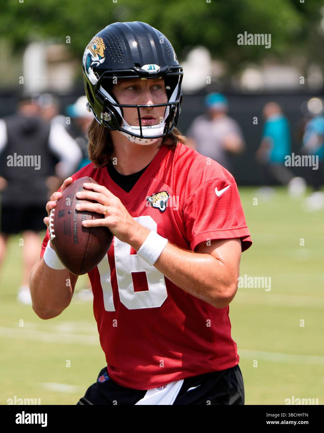 Jacksonville Jaguars quarterback Trevor Lawrence throws during a team ...