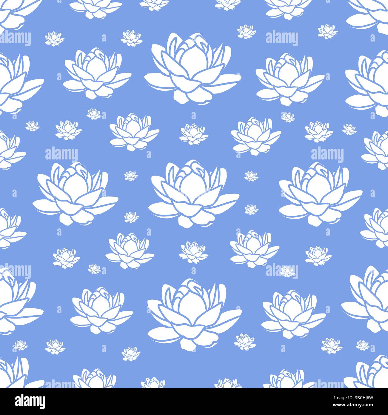 A modern blue and white seamless repeating lotus flower design for ...