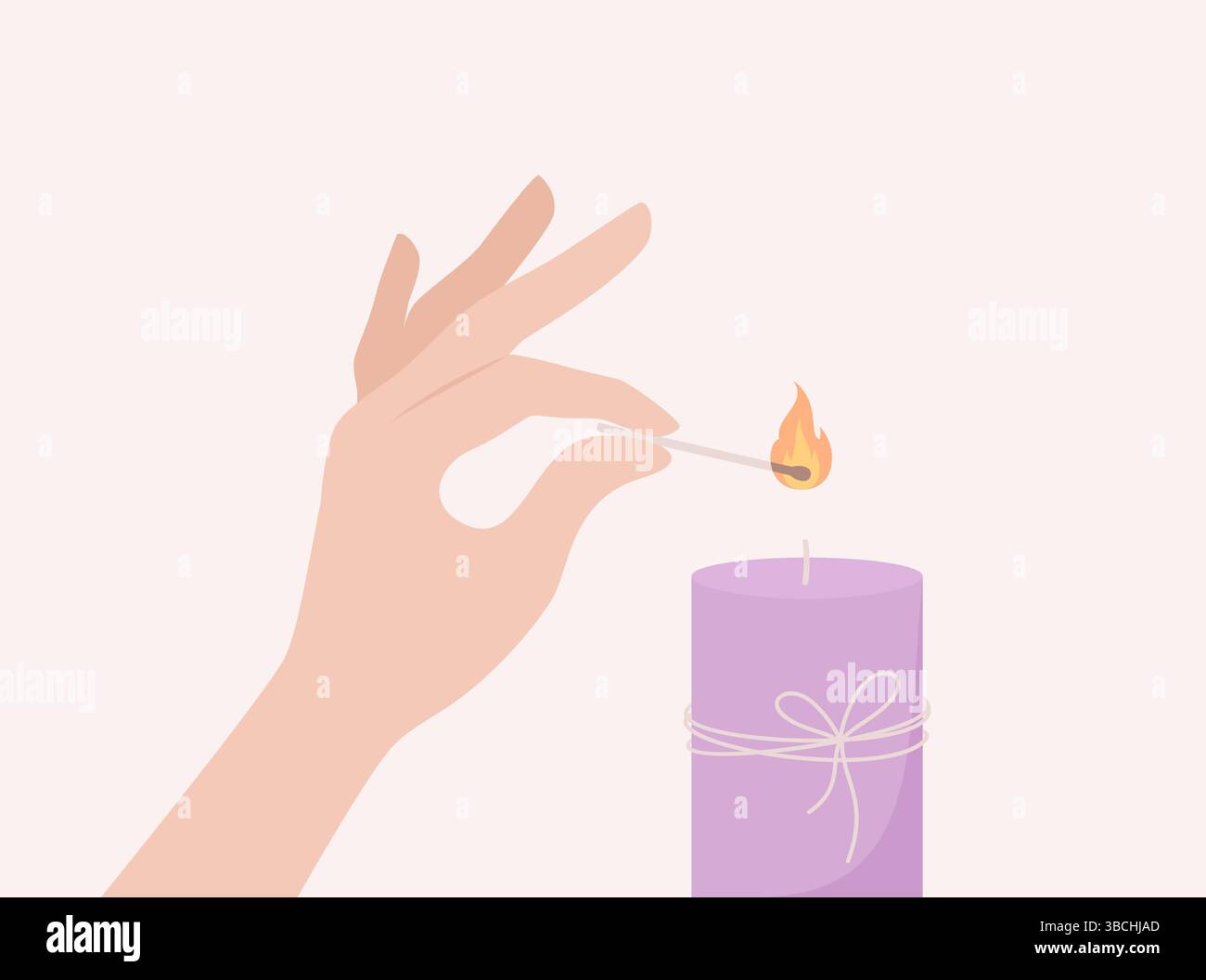 Hand lighting a candle with a burning match. Flat vector illustration ...