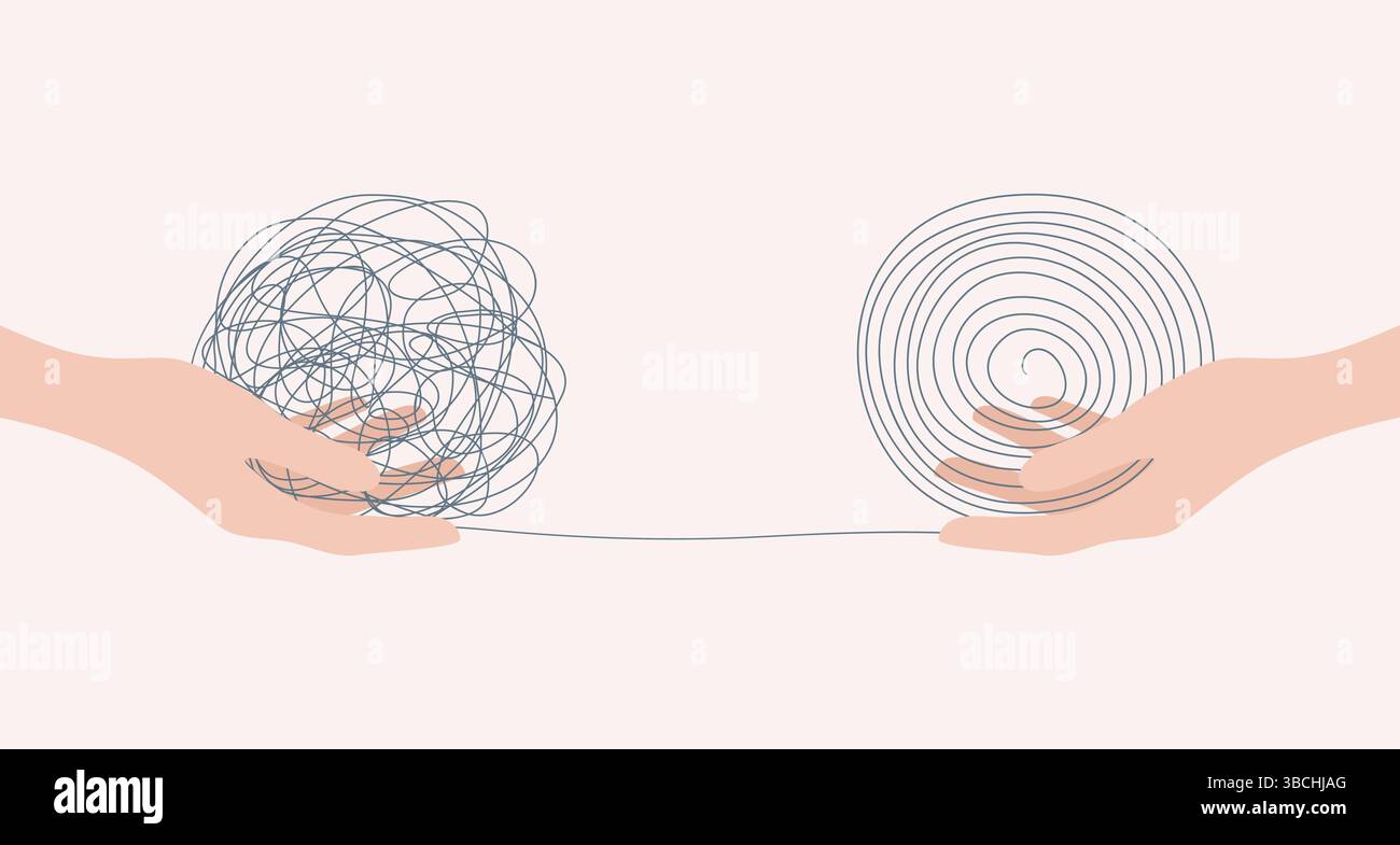 Two human hands holding tangled and untangled connected balls. Flat ...