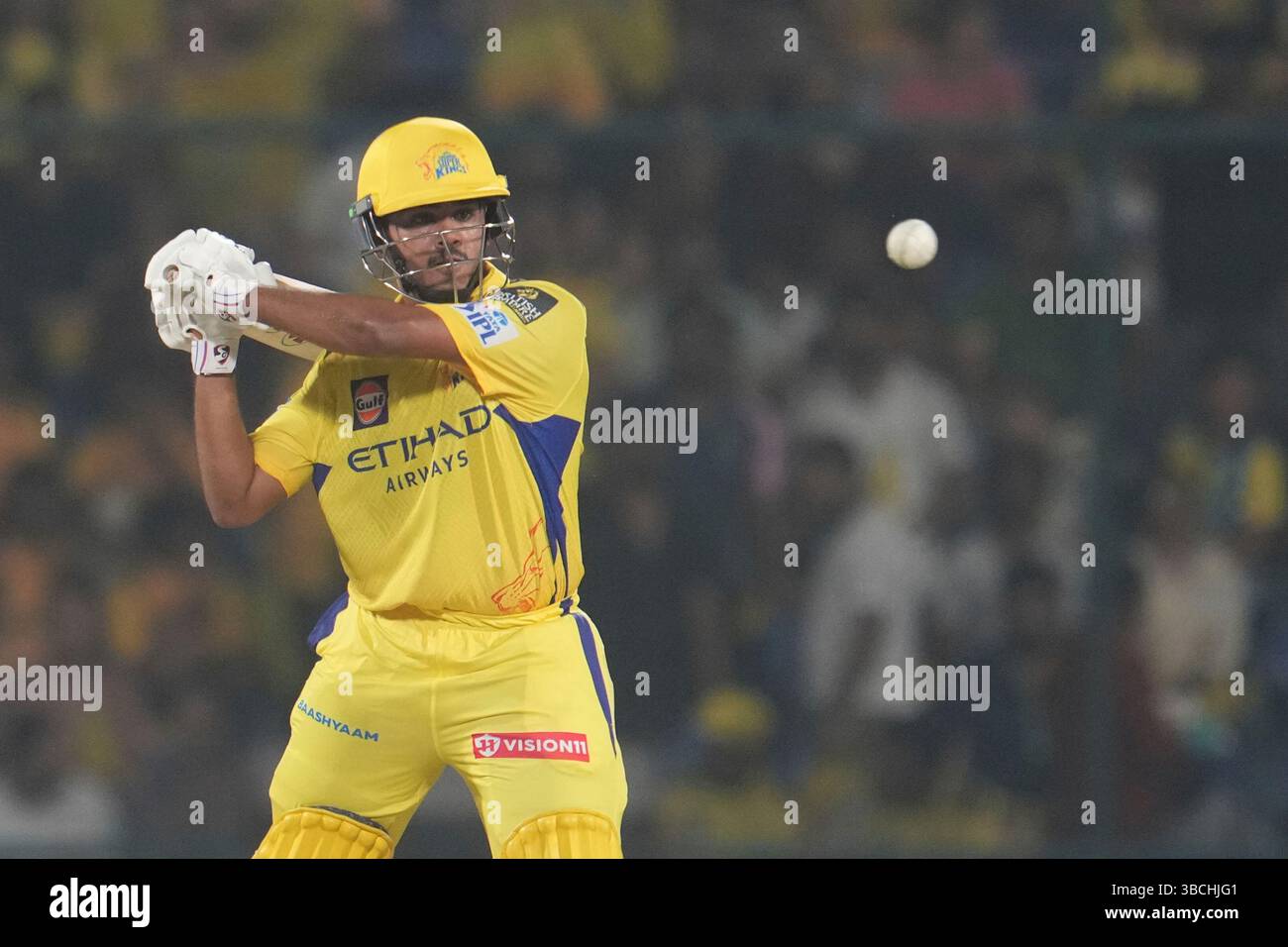Chennai Super Kings' Ayush Mhatre plays a shot during the Indian ...