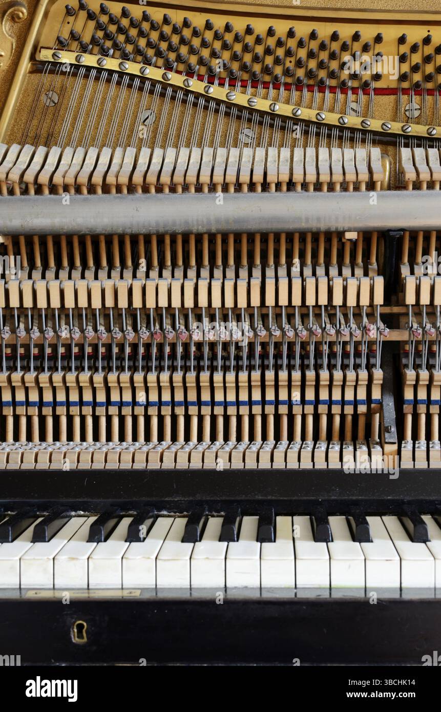 Inside the piano: string, pins, keys and hammers Stock Photo - Alamy