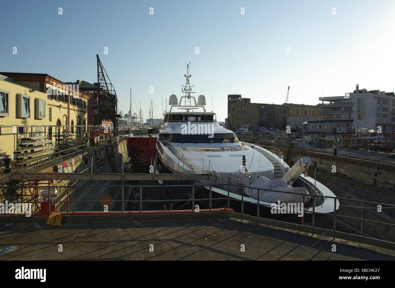 Luxury yacht in dry dock in the harbour of Genoa, Italy, Europe Stock ...