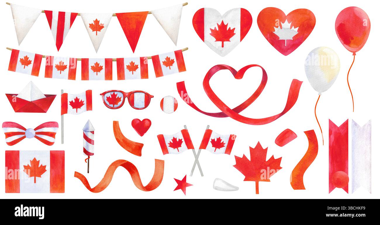 Festive collection of Canada Day elements. Hearts with Canadian flags ...