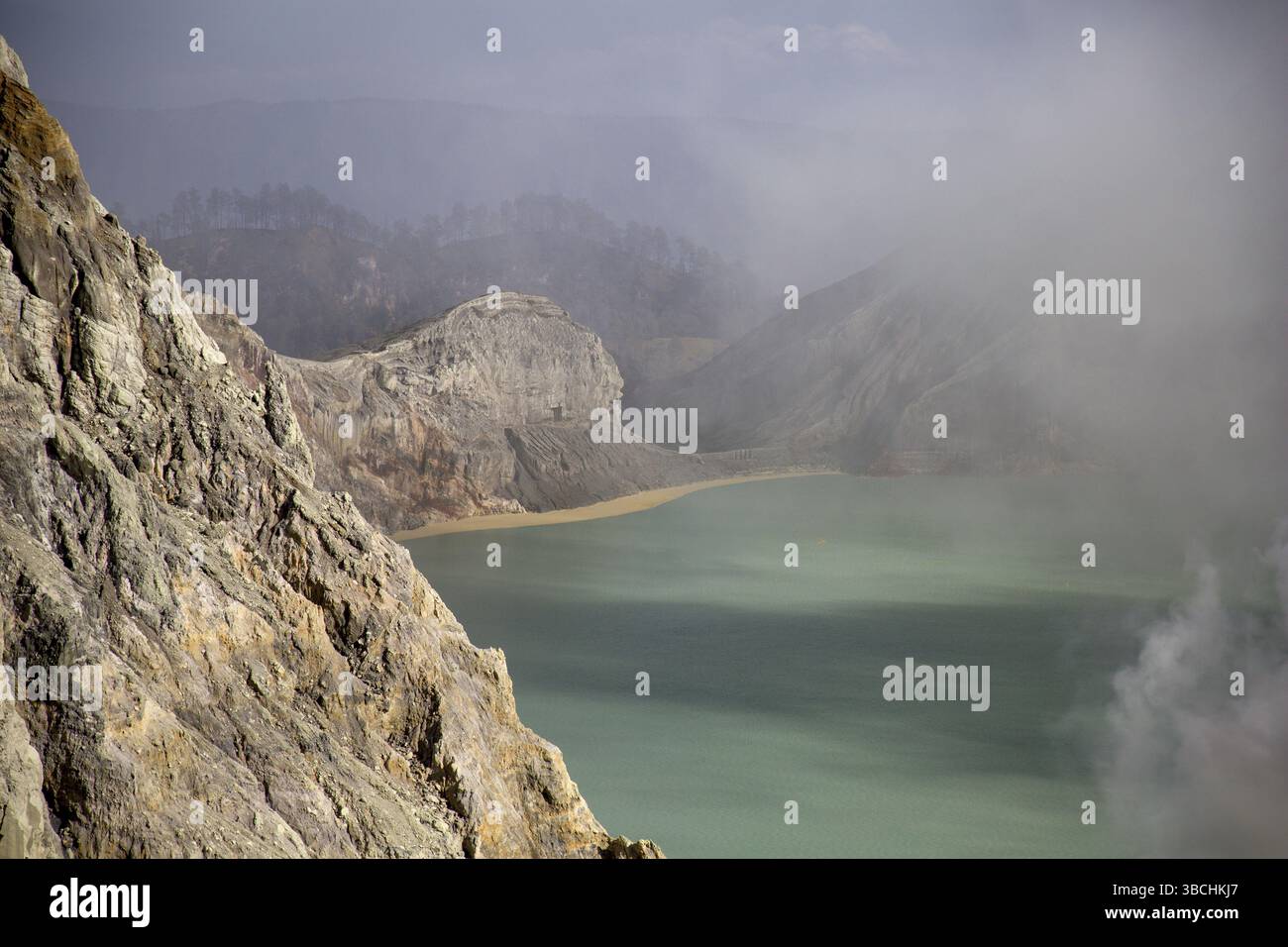 Crater lake in volcano in Southeast Asia with toxic vapours and gases ...