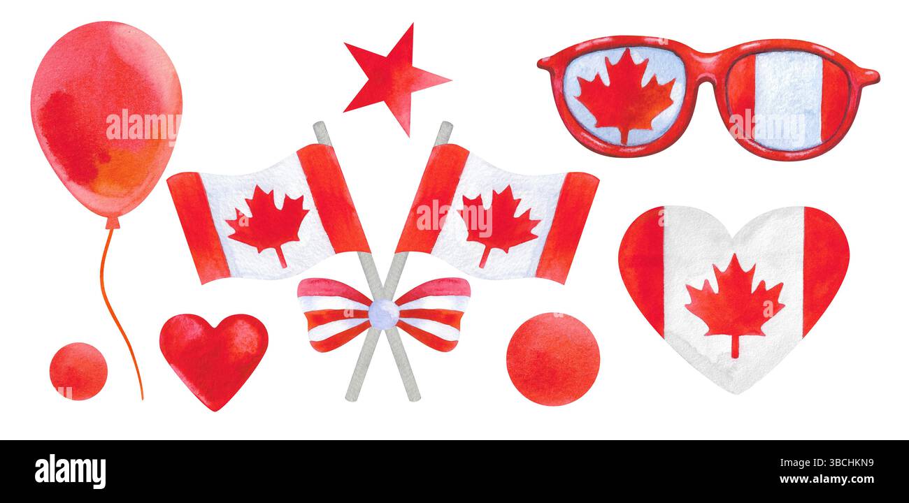 Festive collection of Canada Day elements. Hearts with Canadian flags ...