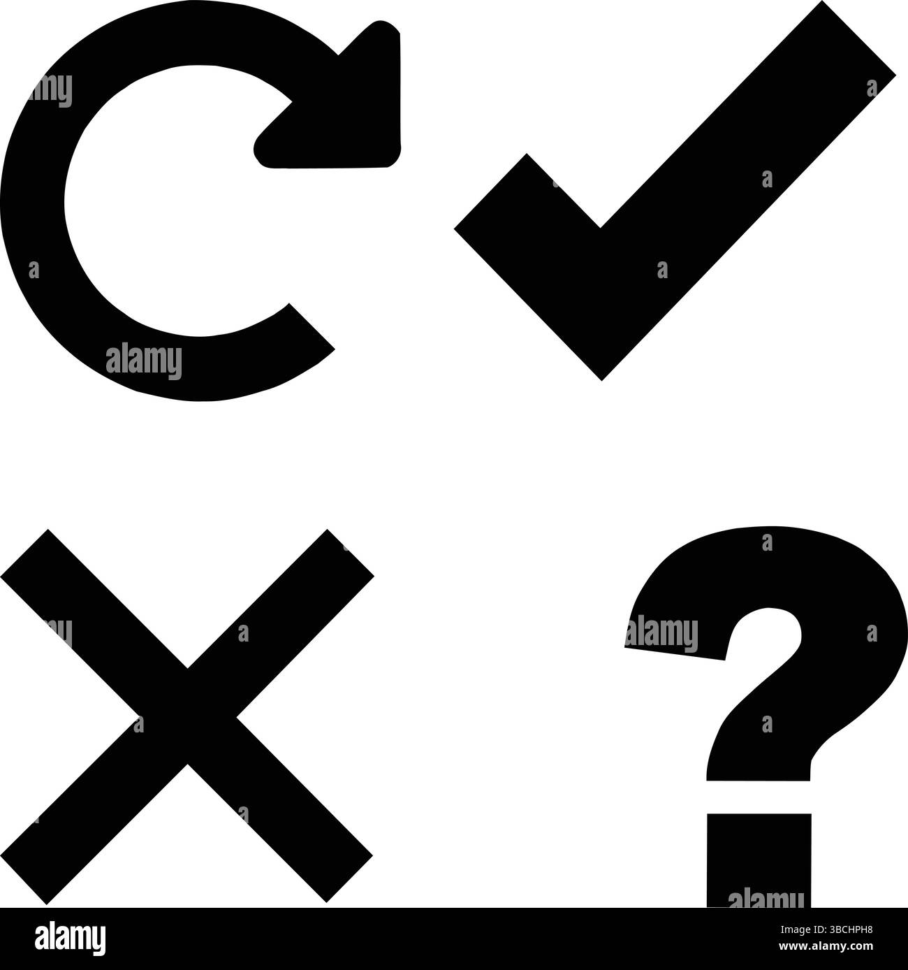 Silhouette of four UI symbols—refresh arrow, check mark, X mark, and ...