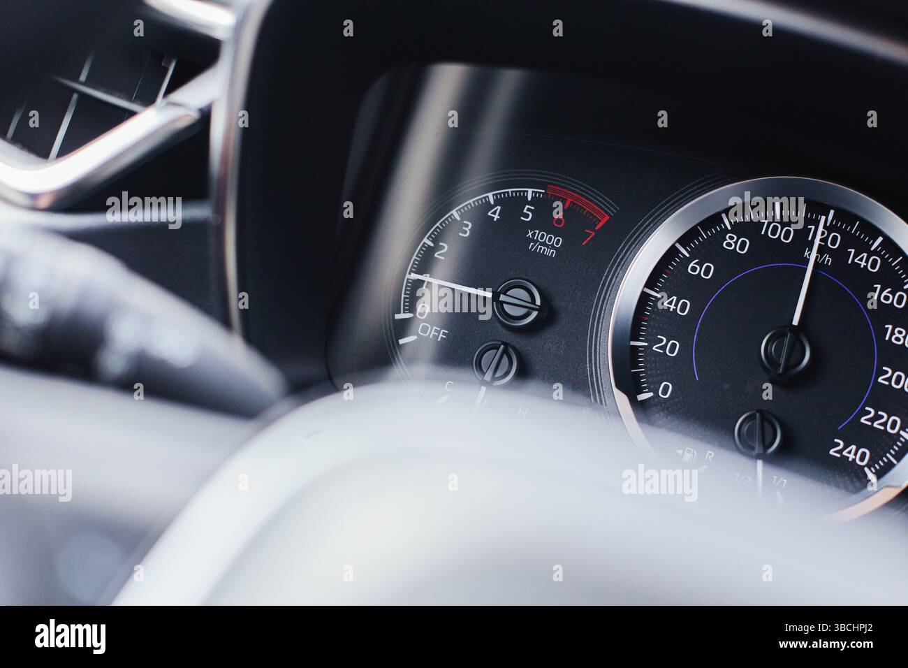 Modern car dashboard closeup. Tachometer and speedometer. Vehicle ...