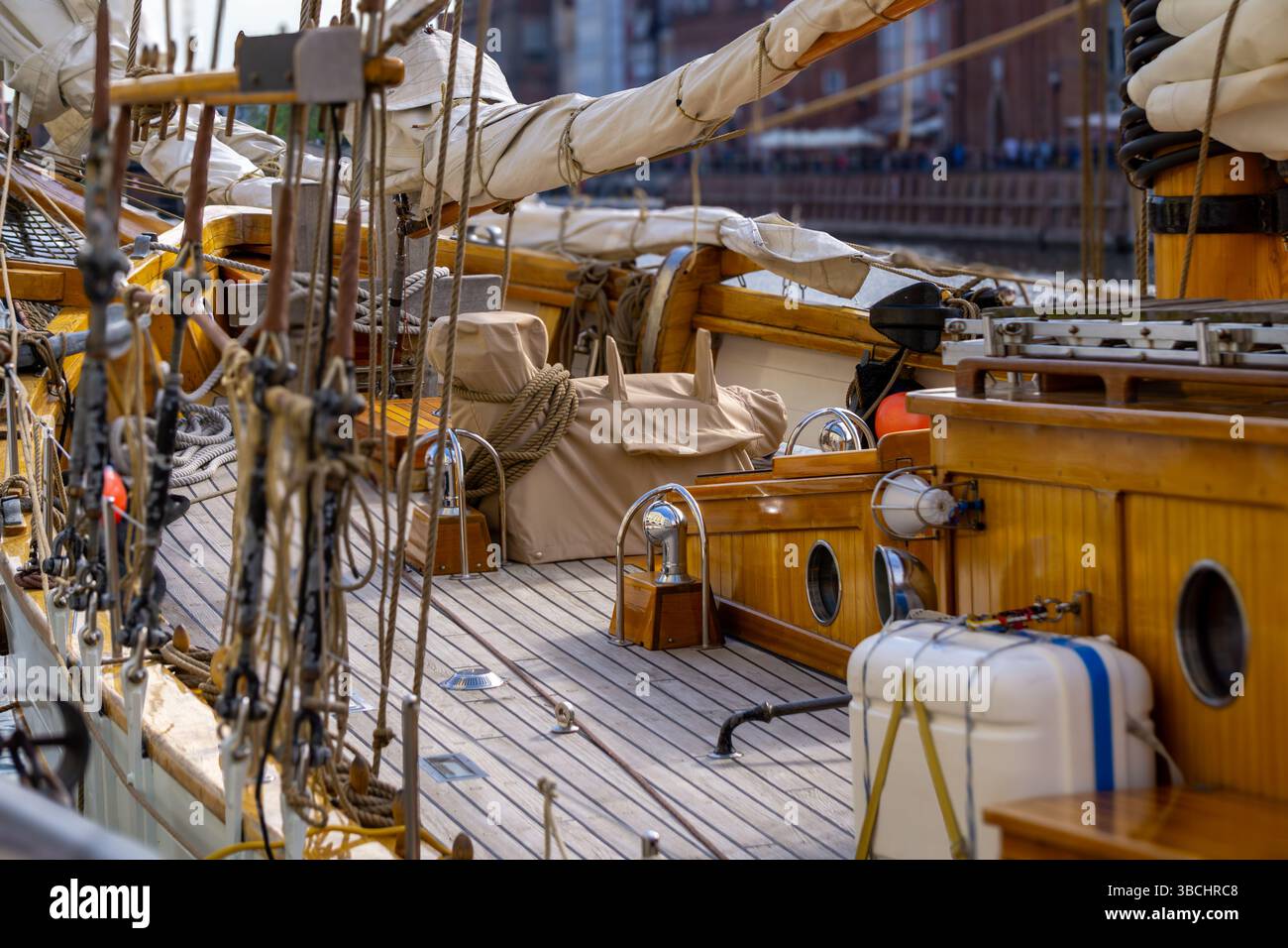 Deck of a classic sailing ship with visible wooden elements, ropes ...