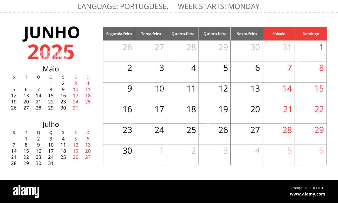 June PORTUGUESE monthly calendar for 2025 year - junho. Vector page ...