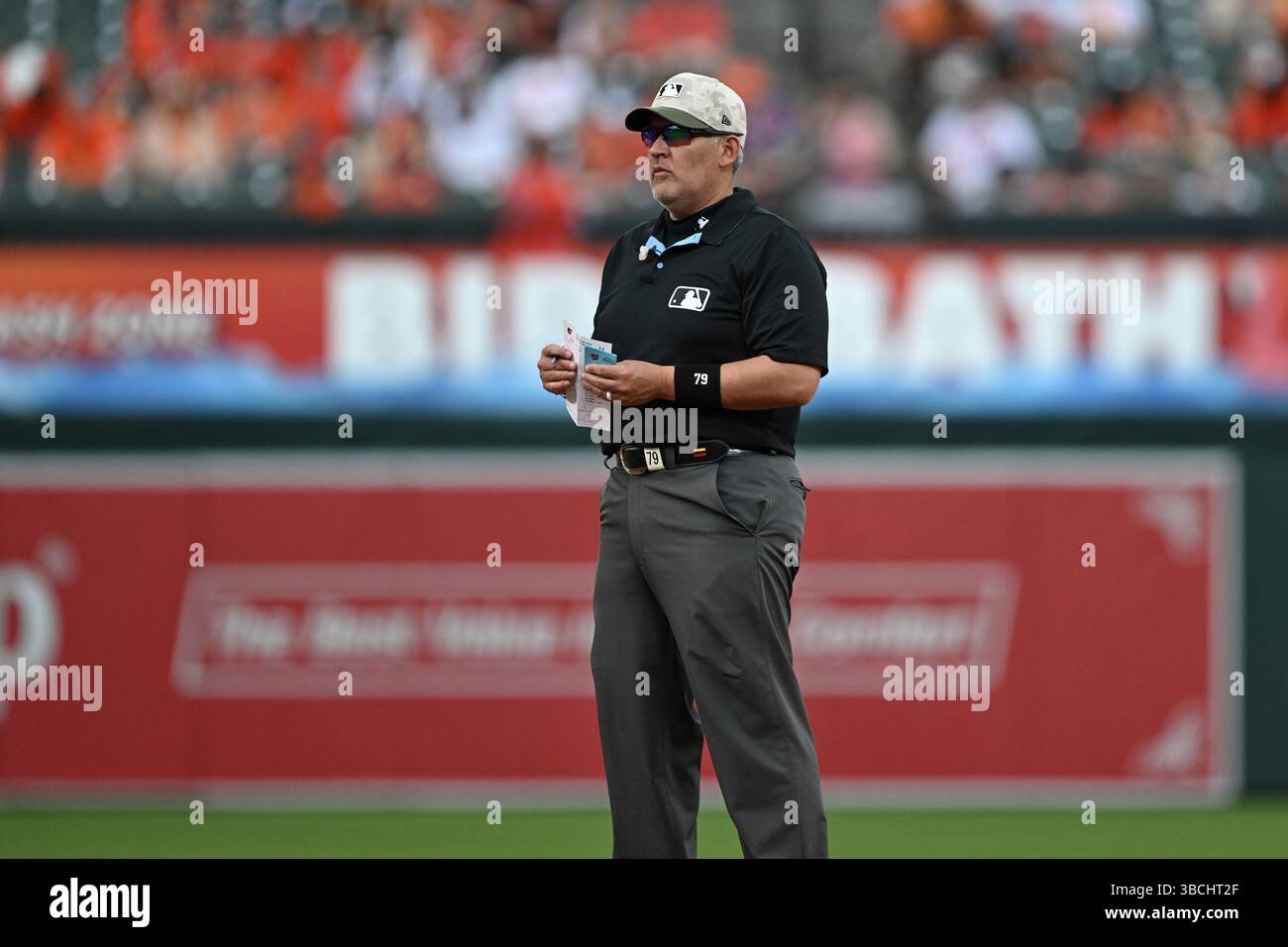 Umpire Manny Gonzalez looks on during a baseball game between the ...