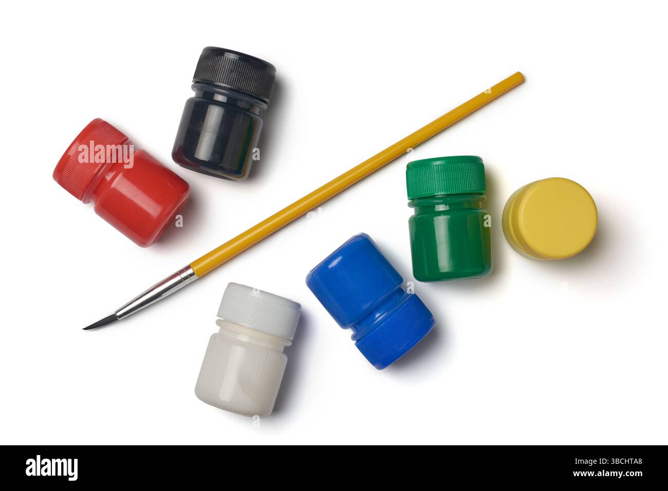 colorful poster color bottles with paint brush isolated white ...