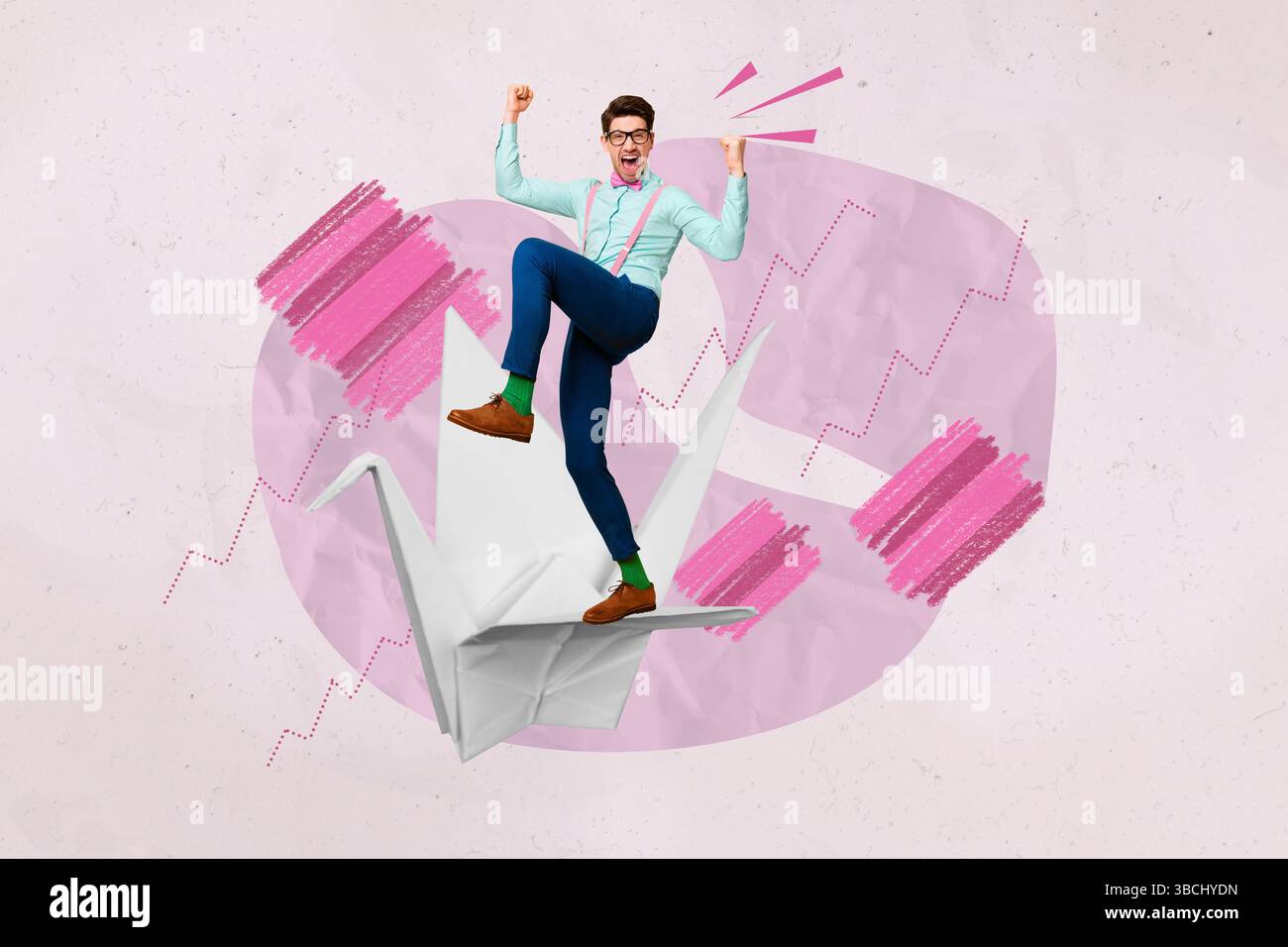 Creative full art zine collage of happy student girl guy stand origami ...