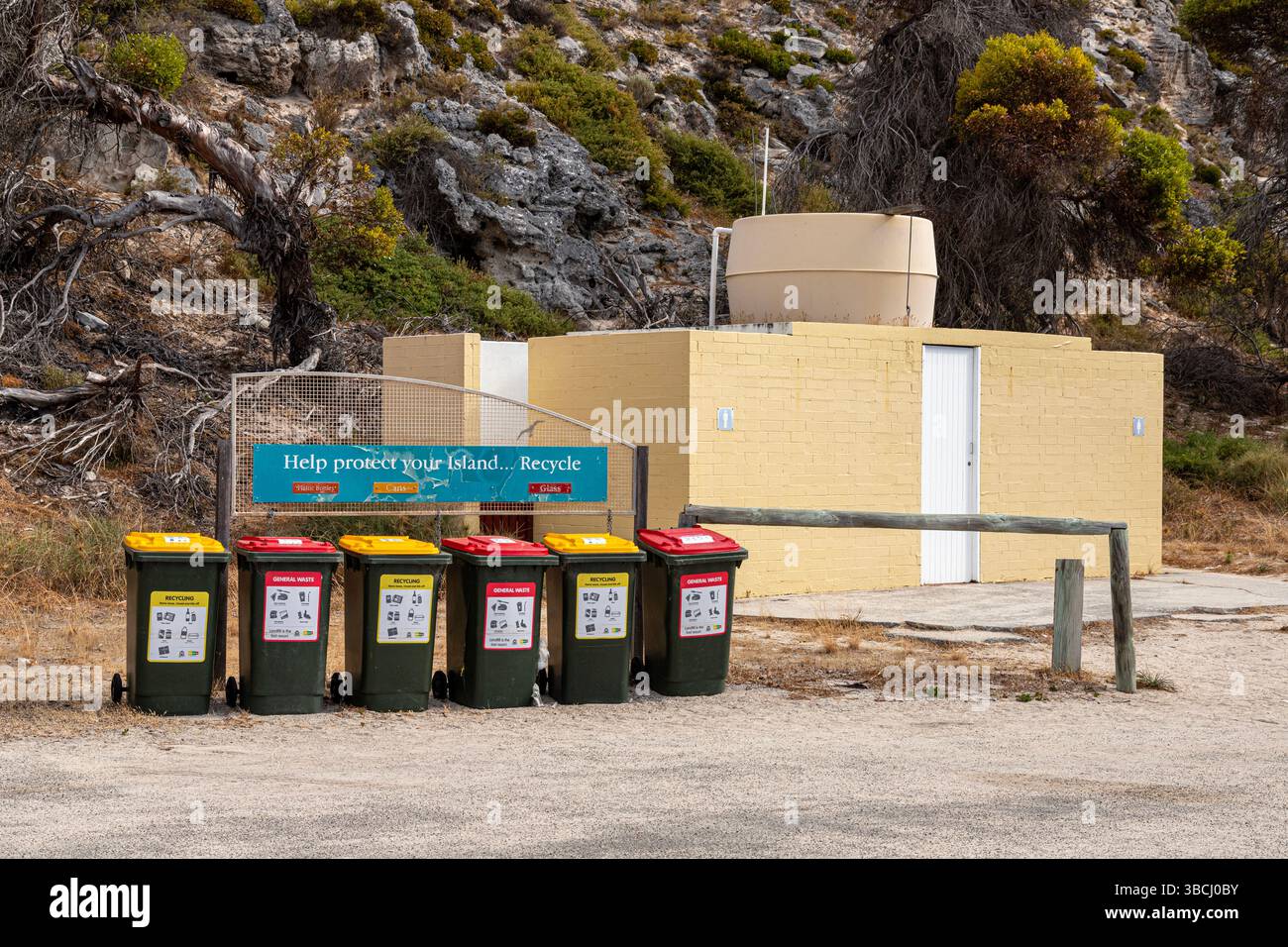 Waste & recycling bins outside a toilet block at City of York Bay on ...