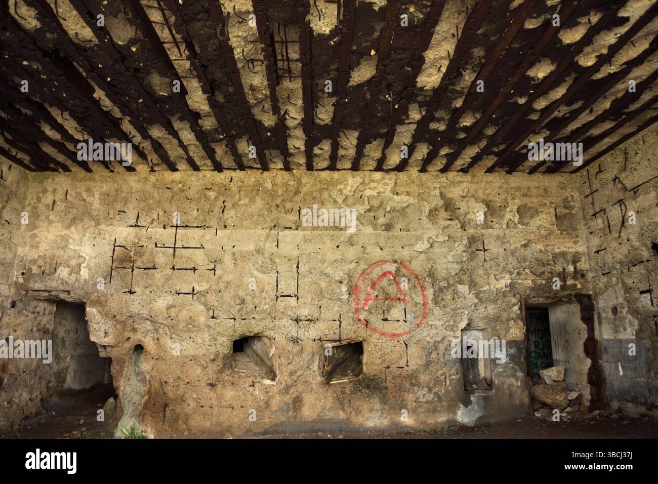 Interior of ruined WW2 German Atlantic Wall defences at the Battle of ...