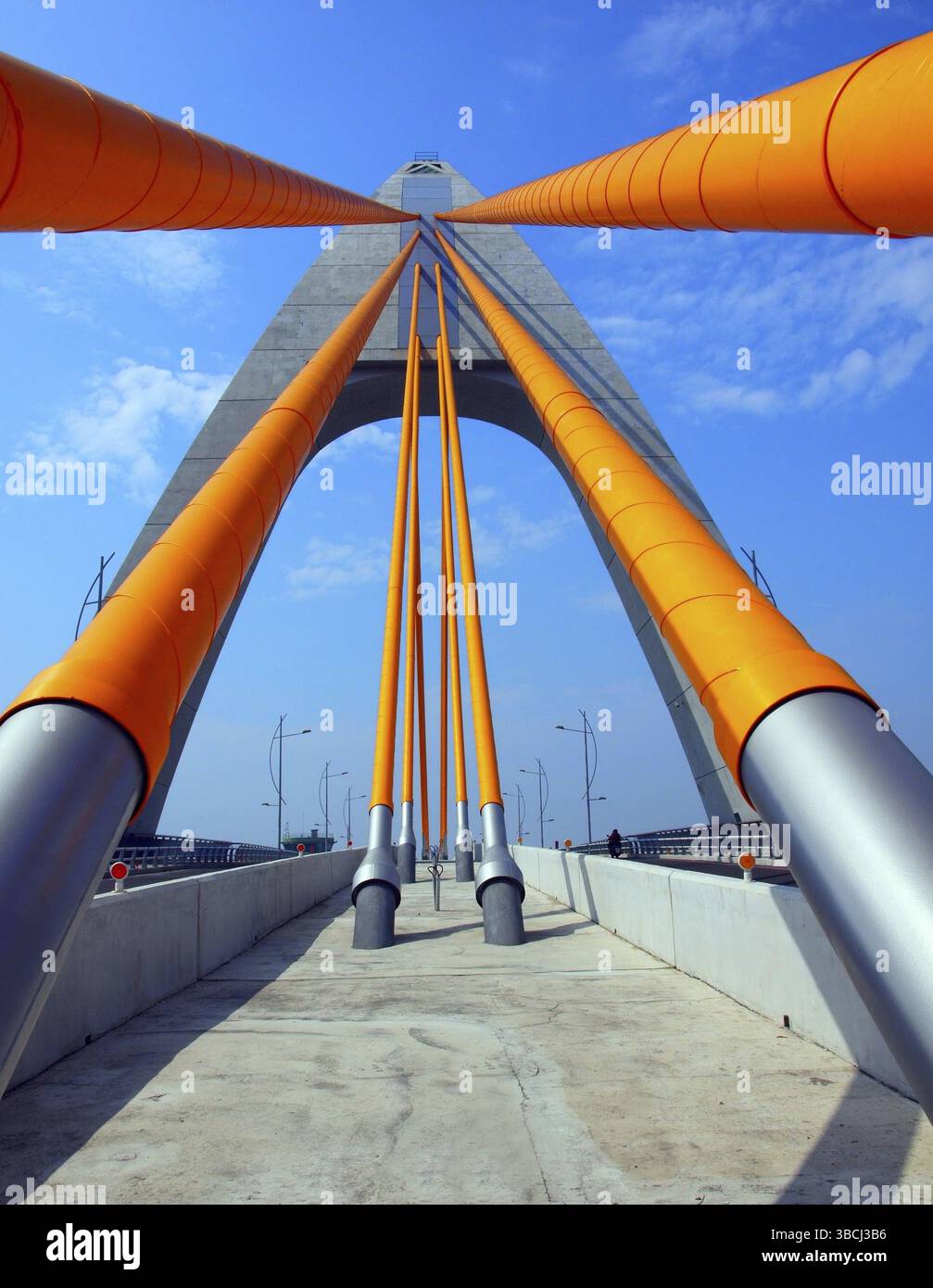 A modern single tower cable stayed bridge with massive steel cables ...