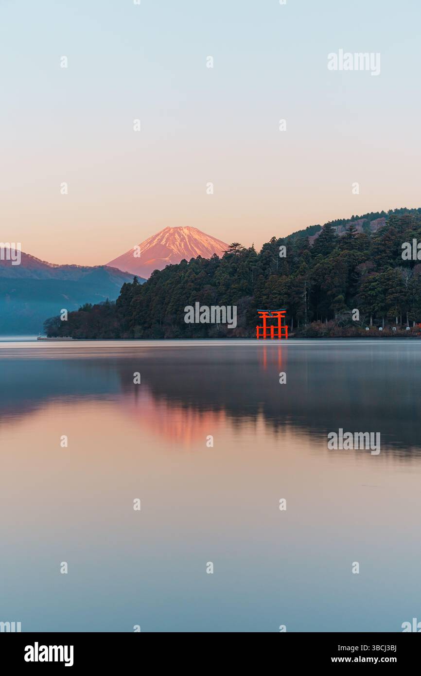 Scenic view of Mount Fuji behind lush forest and iconic red torii gate ...