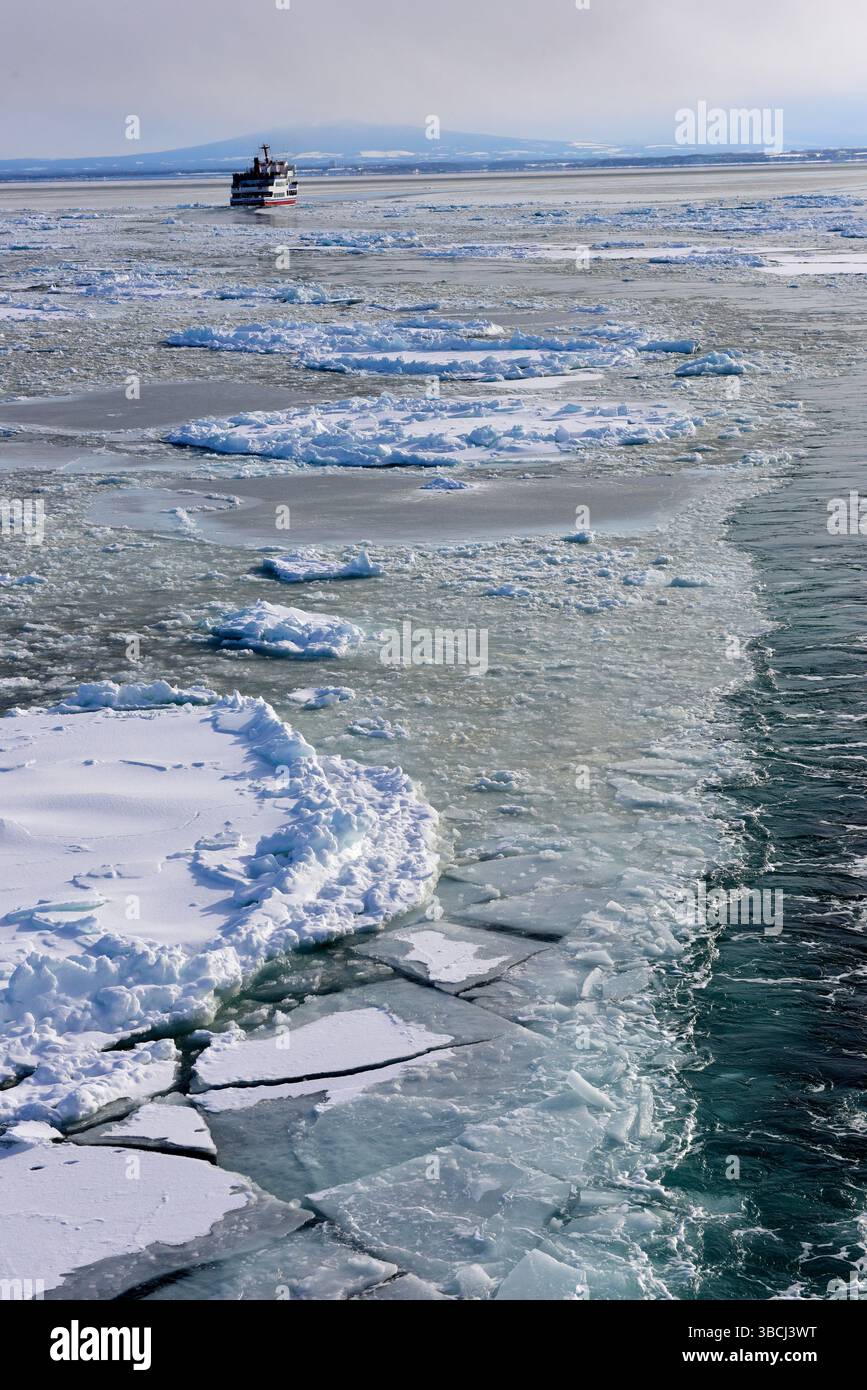 Frozen sea and sightseeing icebreaker,Aurora ship,Abashiri,Hokkaido ...
