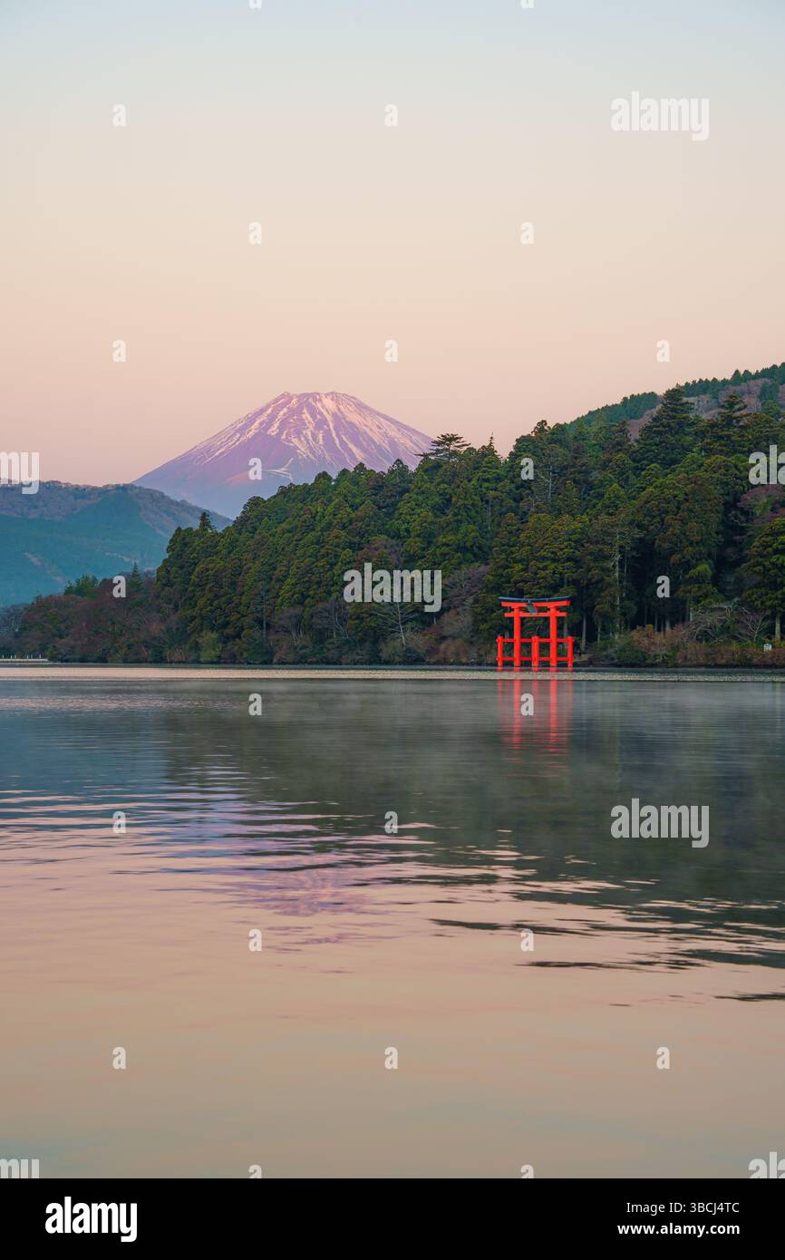 Scenic view of Mount Fuji behind lush forest and iconic red torii gate ...