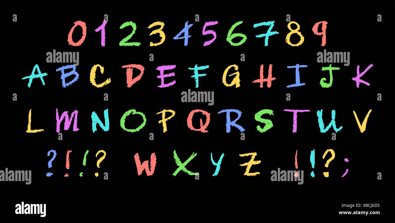 English alphabet and numbers 0-9, hand-drawn in colorful wax crayon or ...