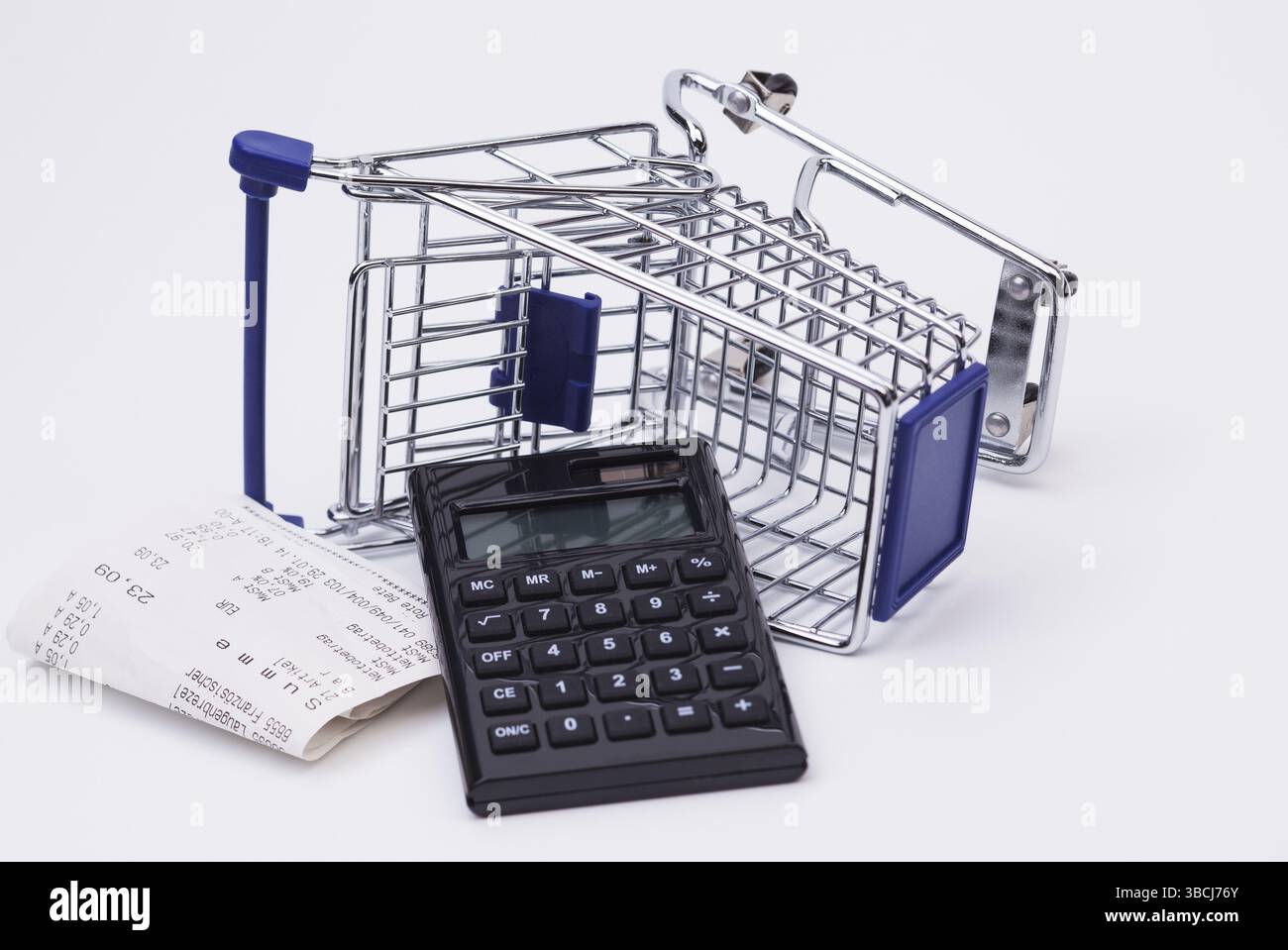 Shopping till receipt, calculator and a reverse cart Stock Photo - Alamy
