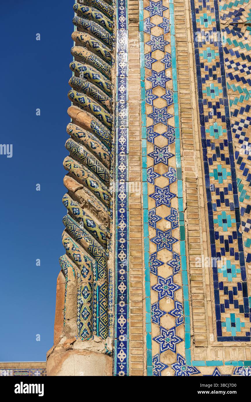 Intricate tilework adorns the facade of Sherdor Madrasa in Samarkand ...
